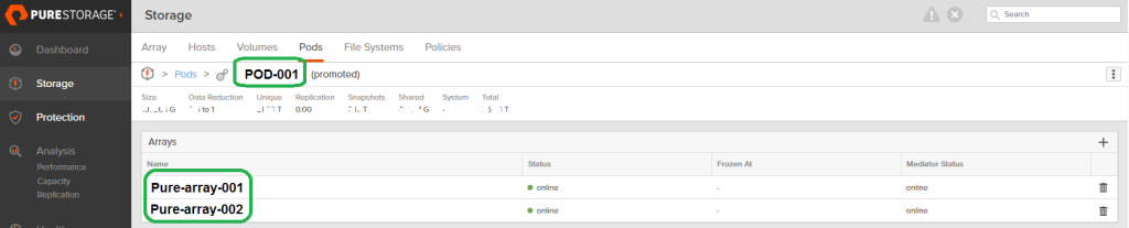 Stretching and unstretching ActiveCluster PODs on Pure arrays - 50mu - about storage